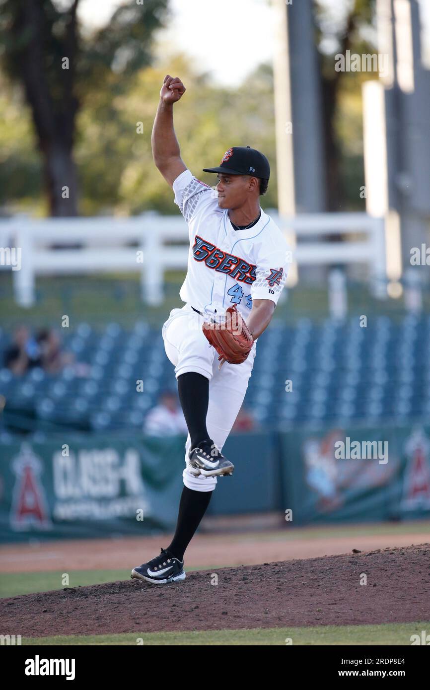 Joel Hurtado (44) of the Inland Empire 66ers pitches against the ...