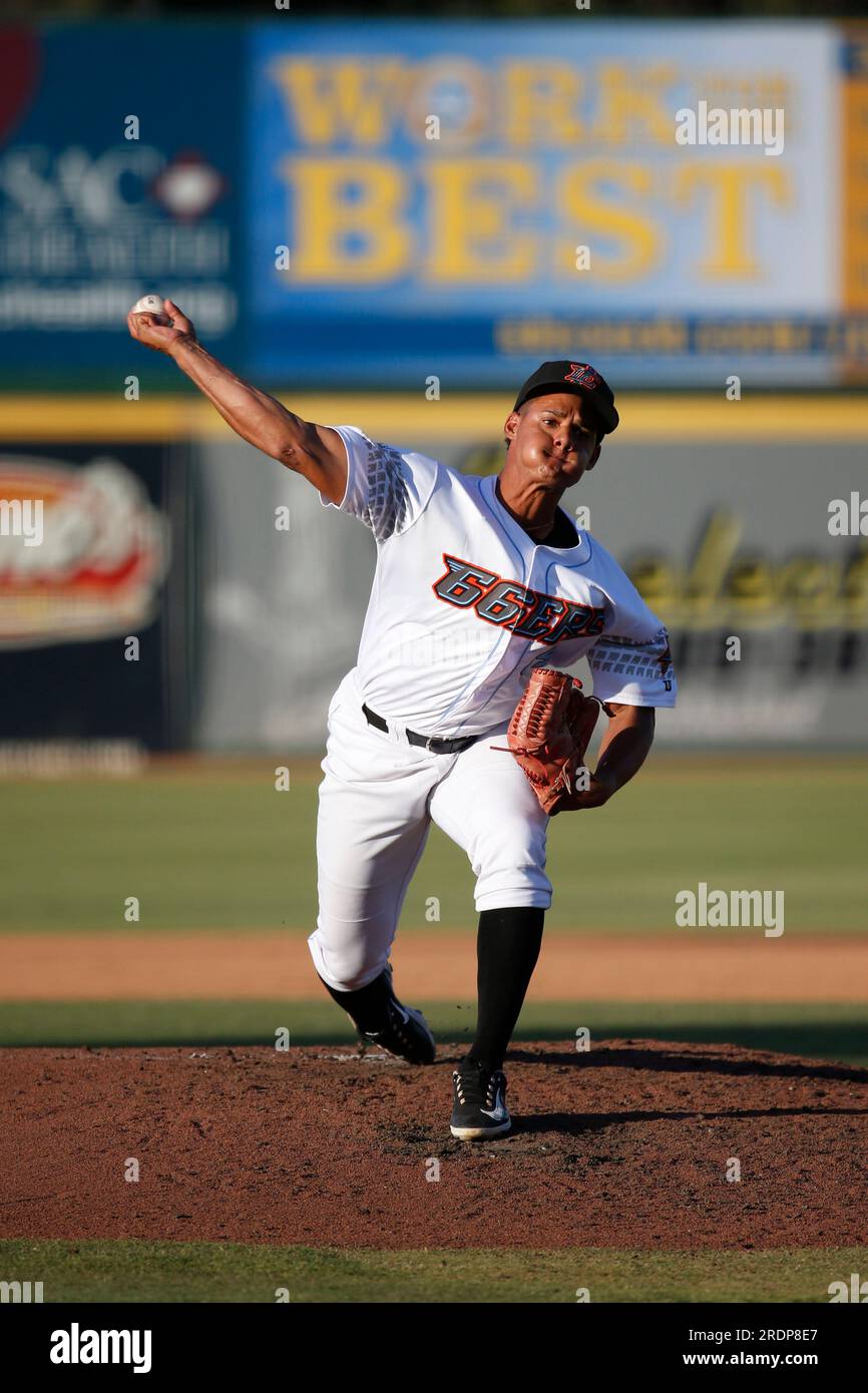 Joel Hurtado (44) of the Inland Empire 66ers pitches against the ...