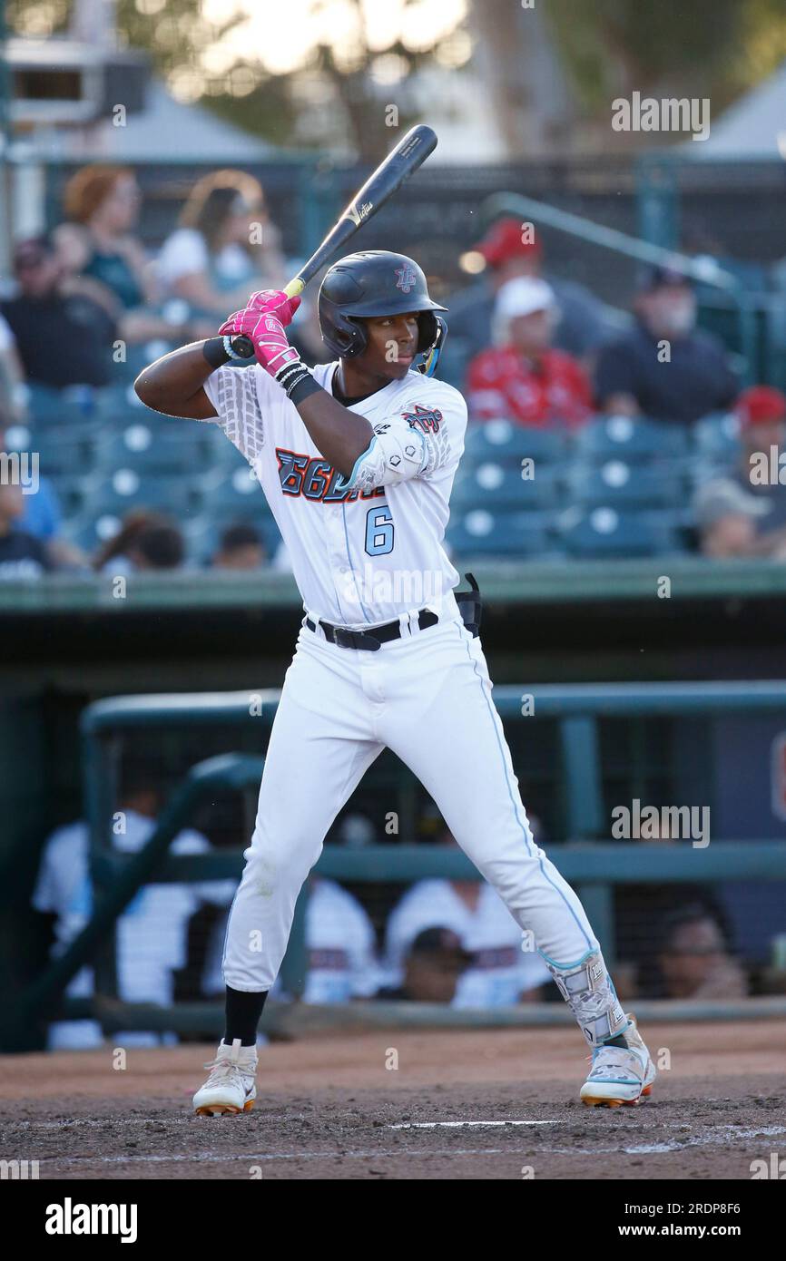 Denzer Guzman (6) of the Inland Empire 66ers bats against the Visalia ...