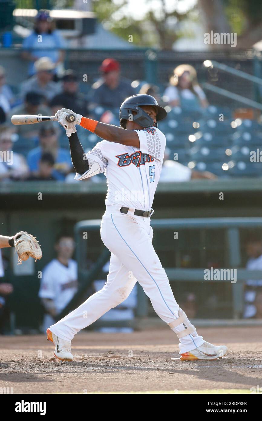 Nelson Rada (5) of the Inland Empire 66ers bats against the Visalia ...