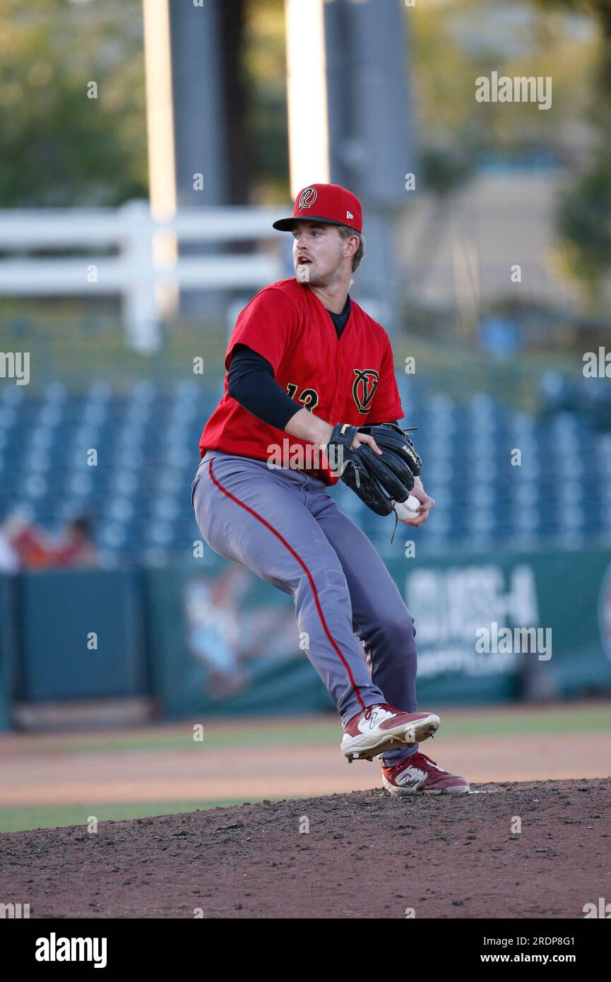 Brock Jones (13) of the Visalia Rawhide pitches against the Inland ...