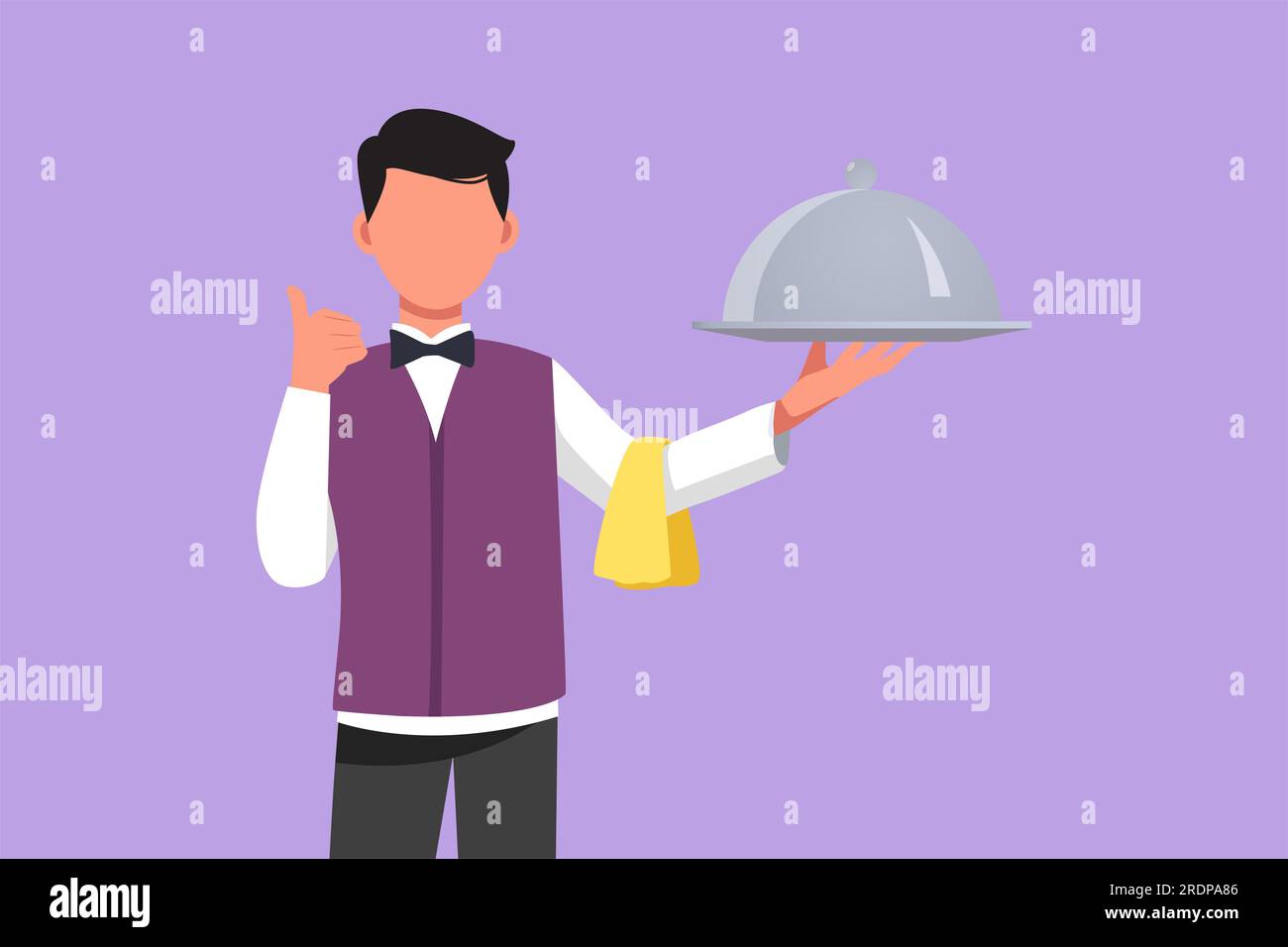 Graphic flat design drawing male waiter holding tray of delicious meals ...