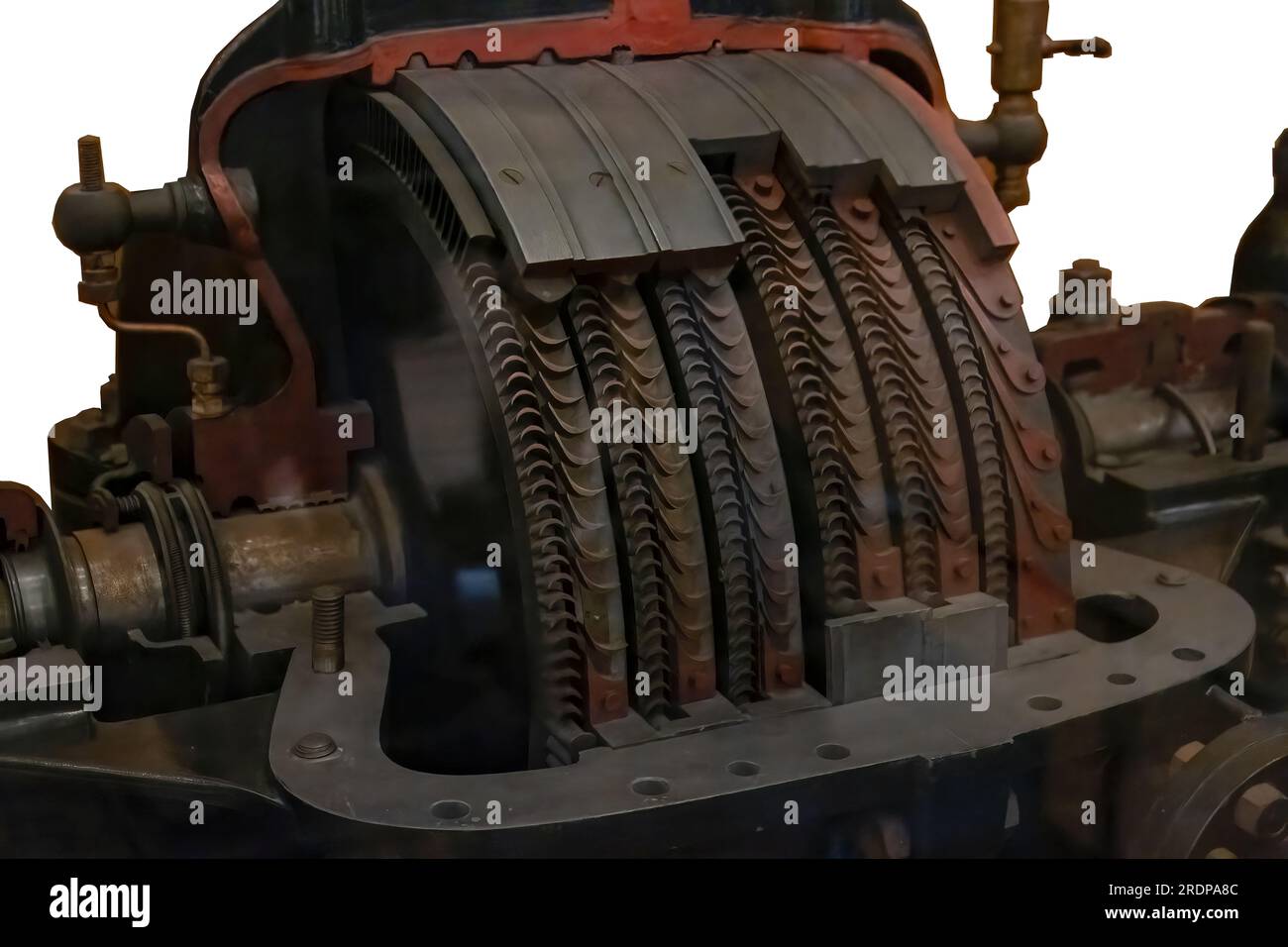 Close up of an early rateau steam turbine circa 1910 showing a cut away ...