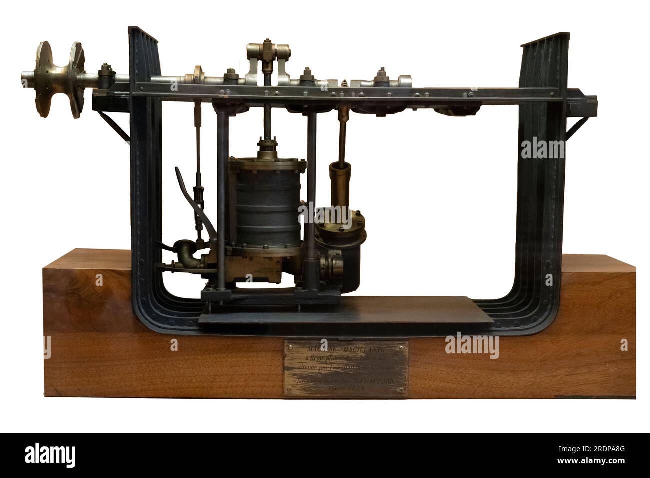 Close up image of an early oscillating motor, circa mid 1800s. Isolated ...
