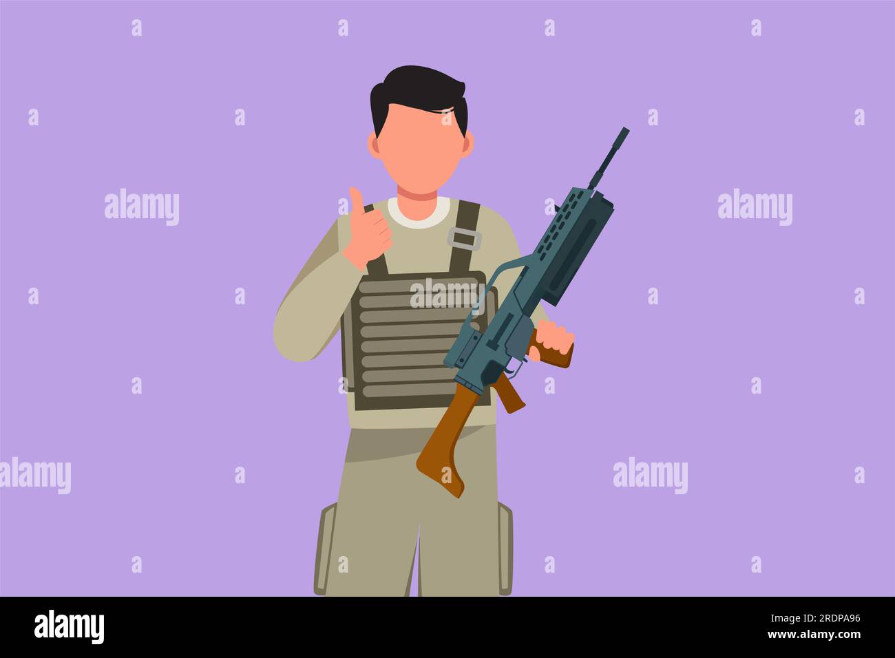 Cartoon flat style drawing male soldier in full uniforms, holding ...