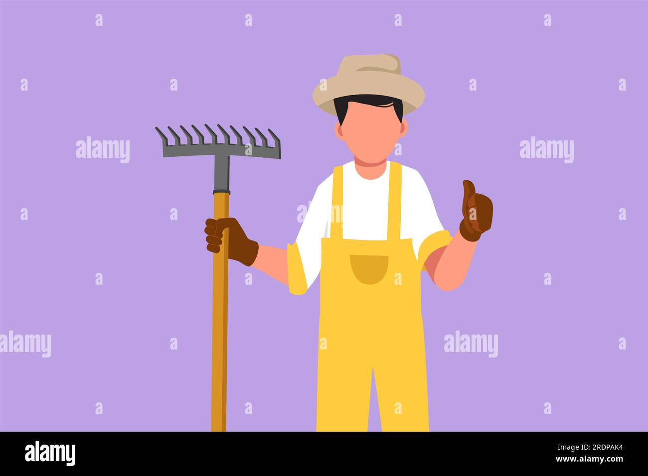 Graphic flat design drawing active male farmer holding rake with thumbs ...