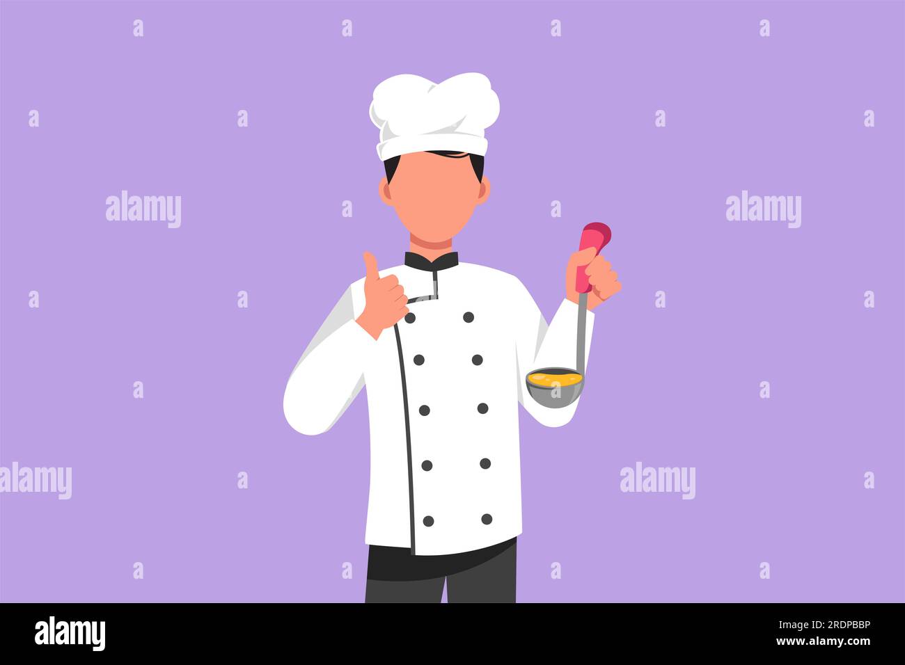 Cartoon flat style drawing of male chef holding ladle with thumbs up ...