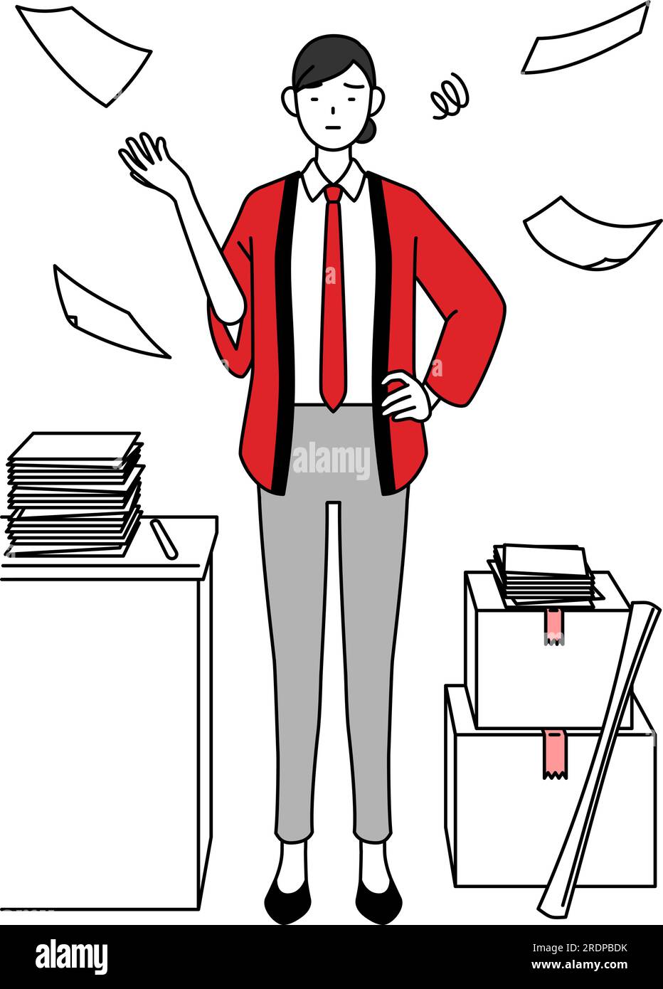 Woman wearing a red happi coat who is fed up with her unorganized ...