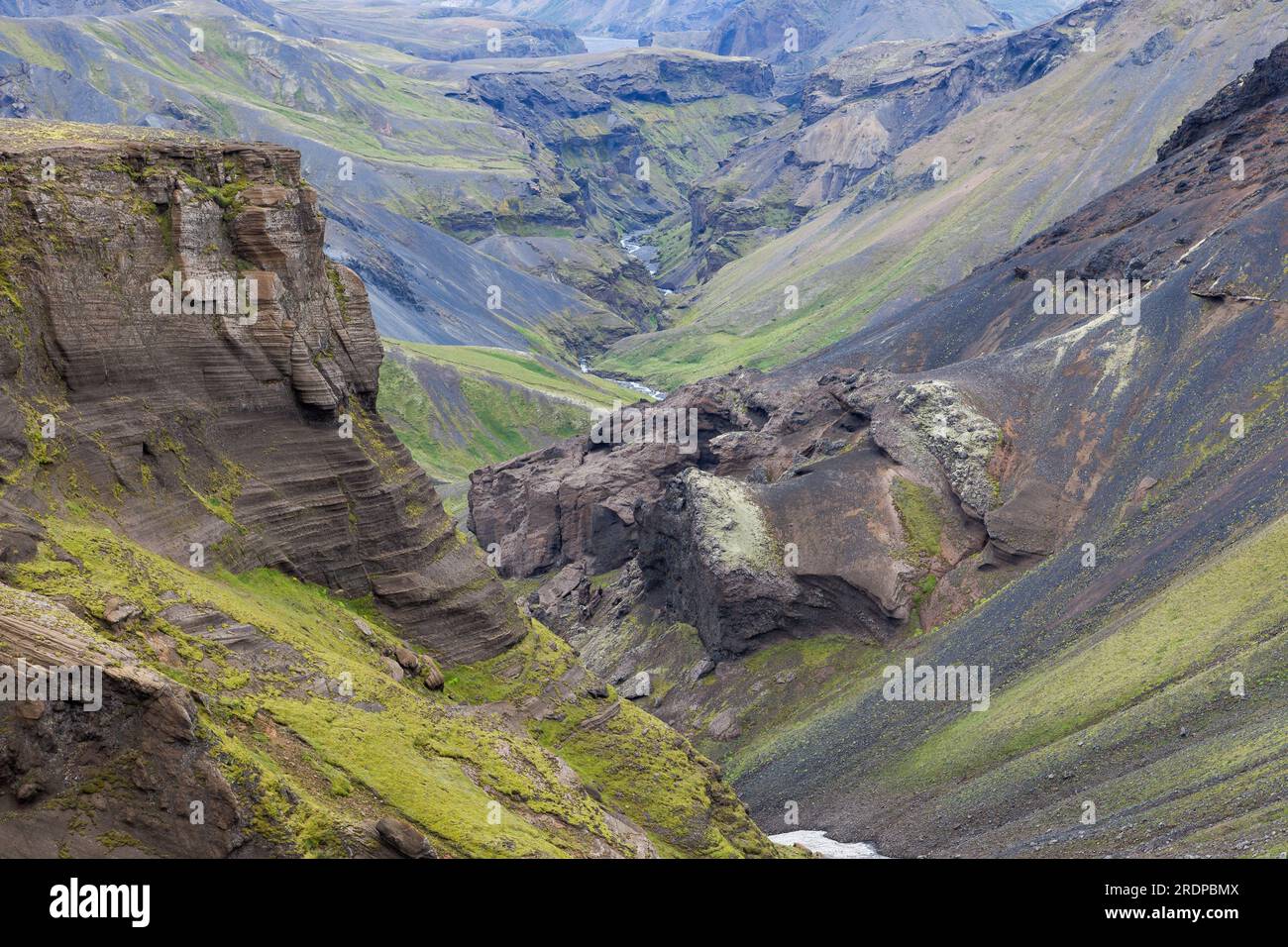 Skogar river canyon with green vegetation and weird rock formations ...