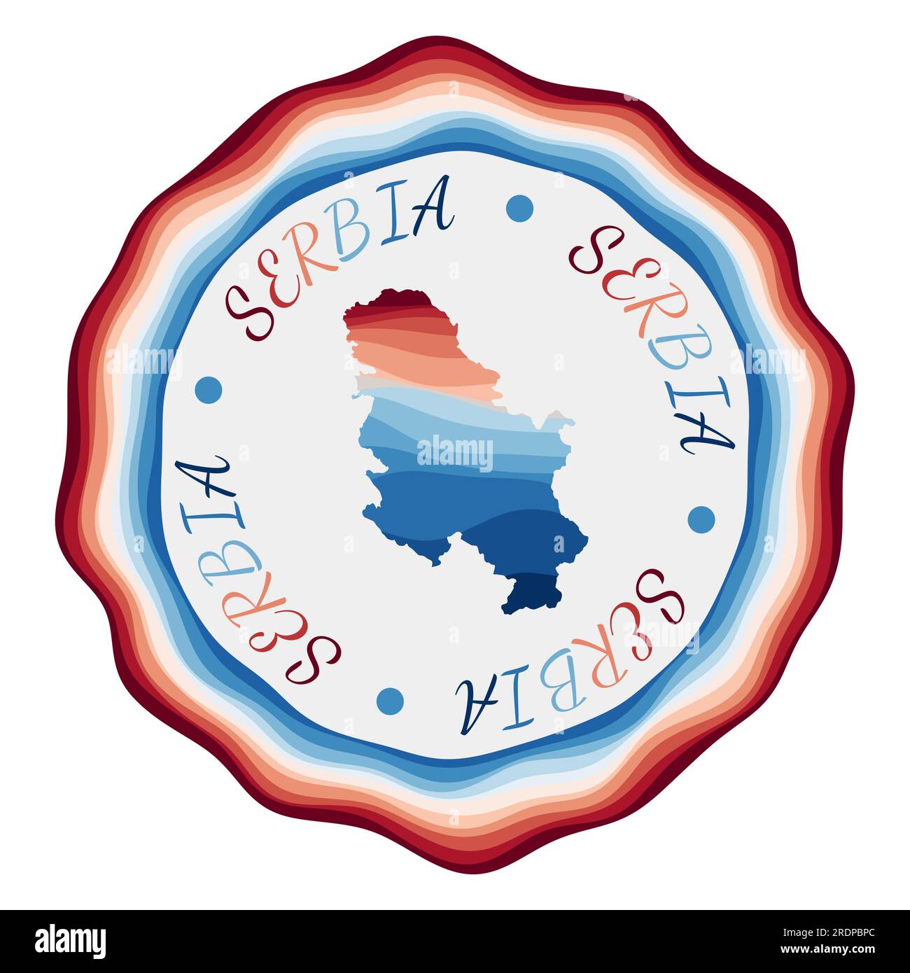 Serbia badge. Map of the country with beautiful geometric waves and vibrant red and blue frame ...