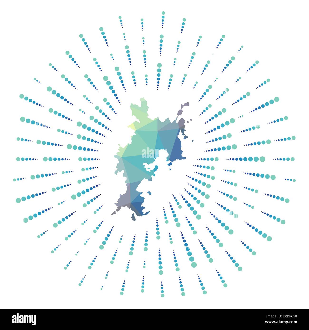 Shape of Komodo, polygonal sunburst. Map of the island with colorful ...