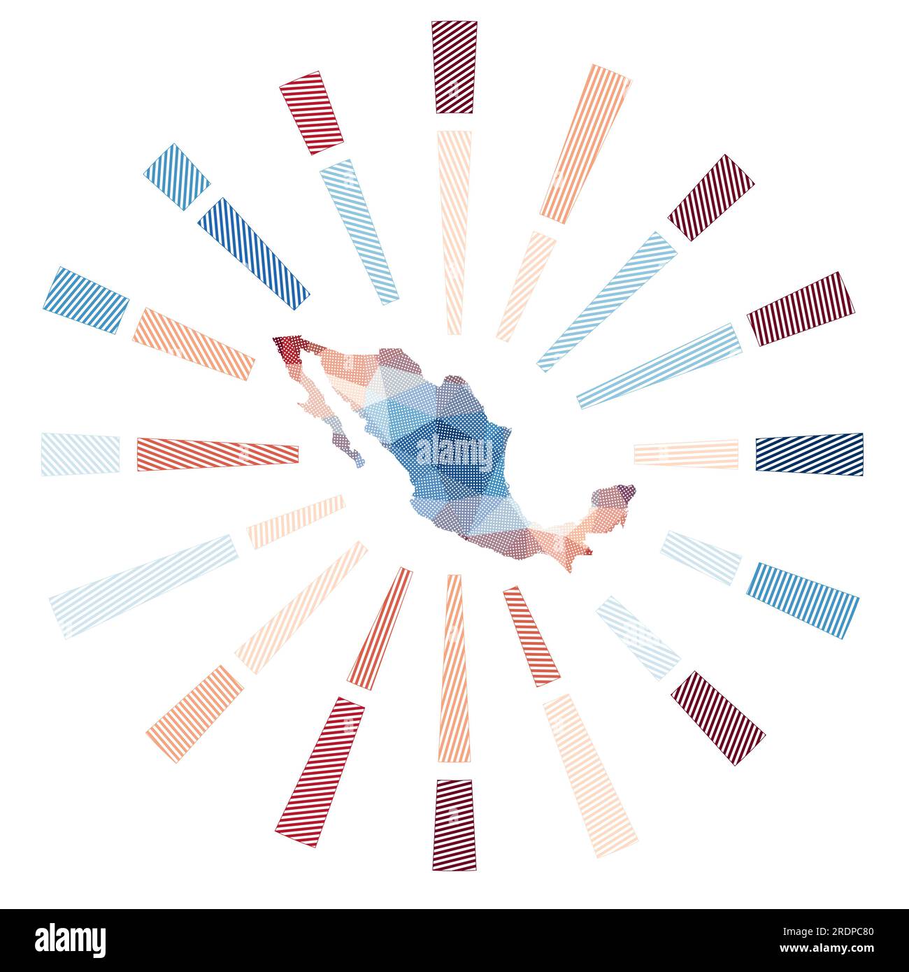 Mexico sunburst. Low poly striped rays and map of the country. Radiant ...