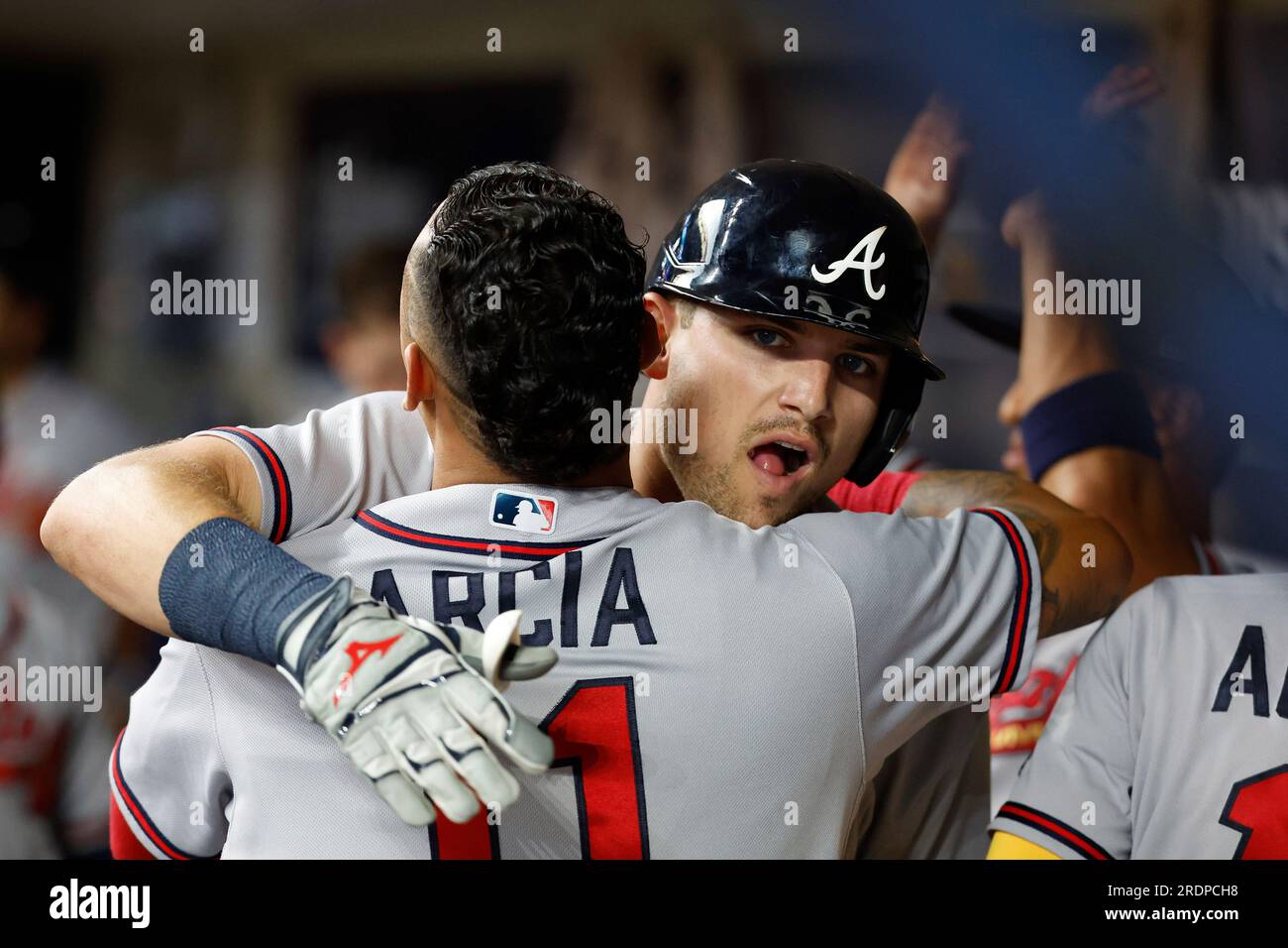 July 22, 2023: Atlanta Braves third baseman Austin Riley (27) hugs ...