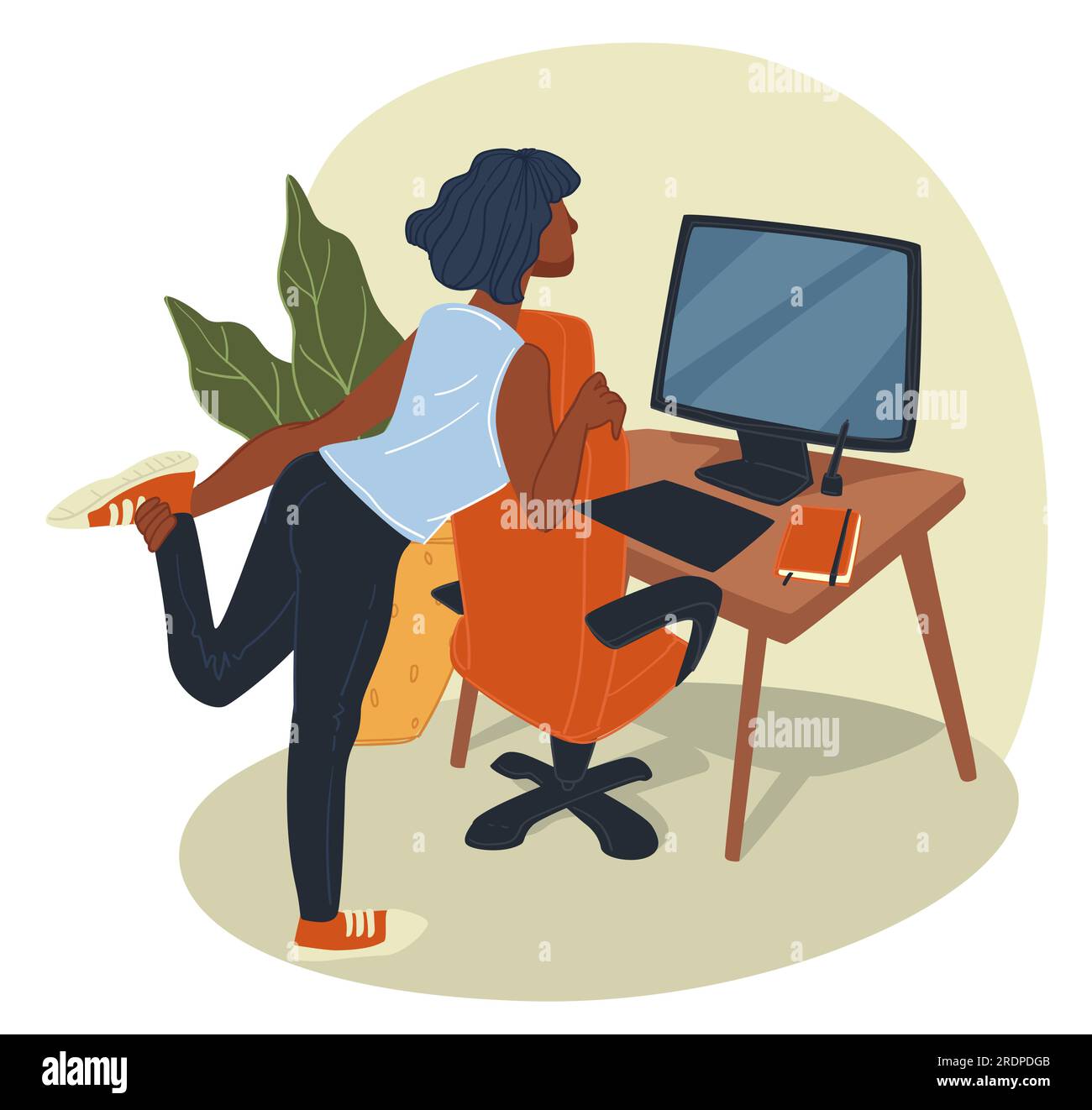 Female character working from home, tired lady stretching by computer ...