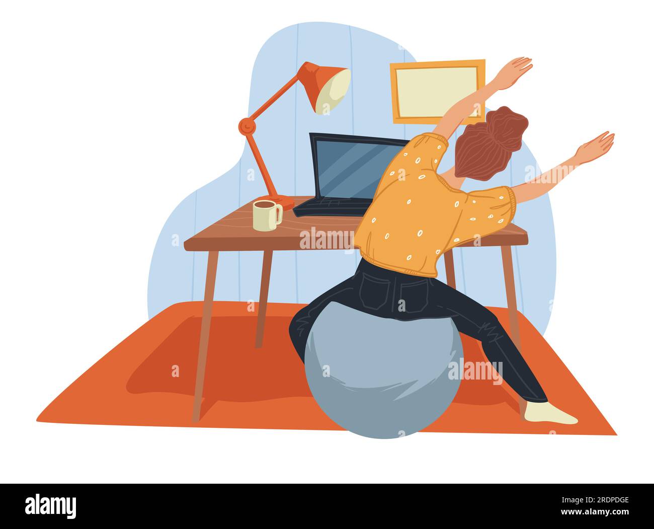 Female character watching fitness channel on laptop or stretching ...