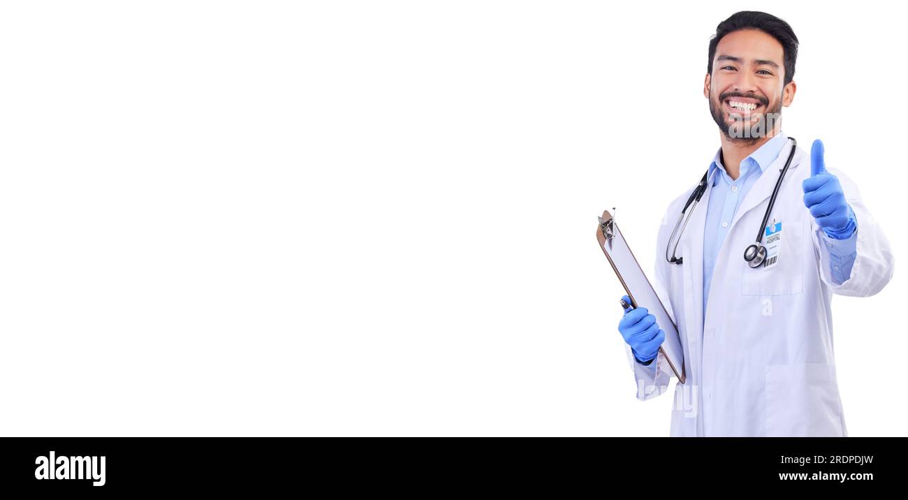 Happy, doctor and portrait with thumbs up for checklist, support and ...