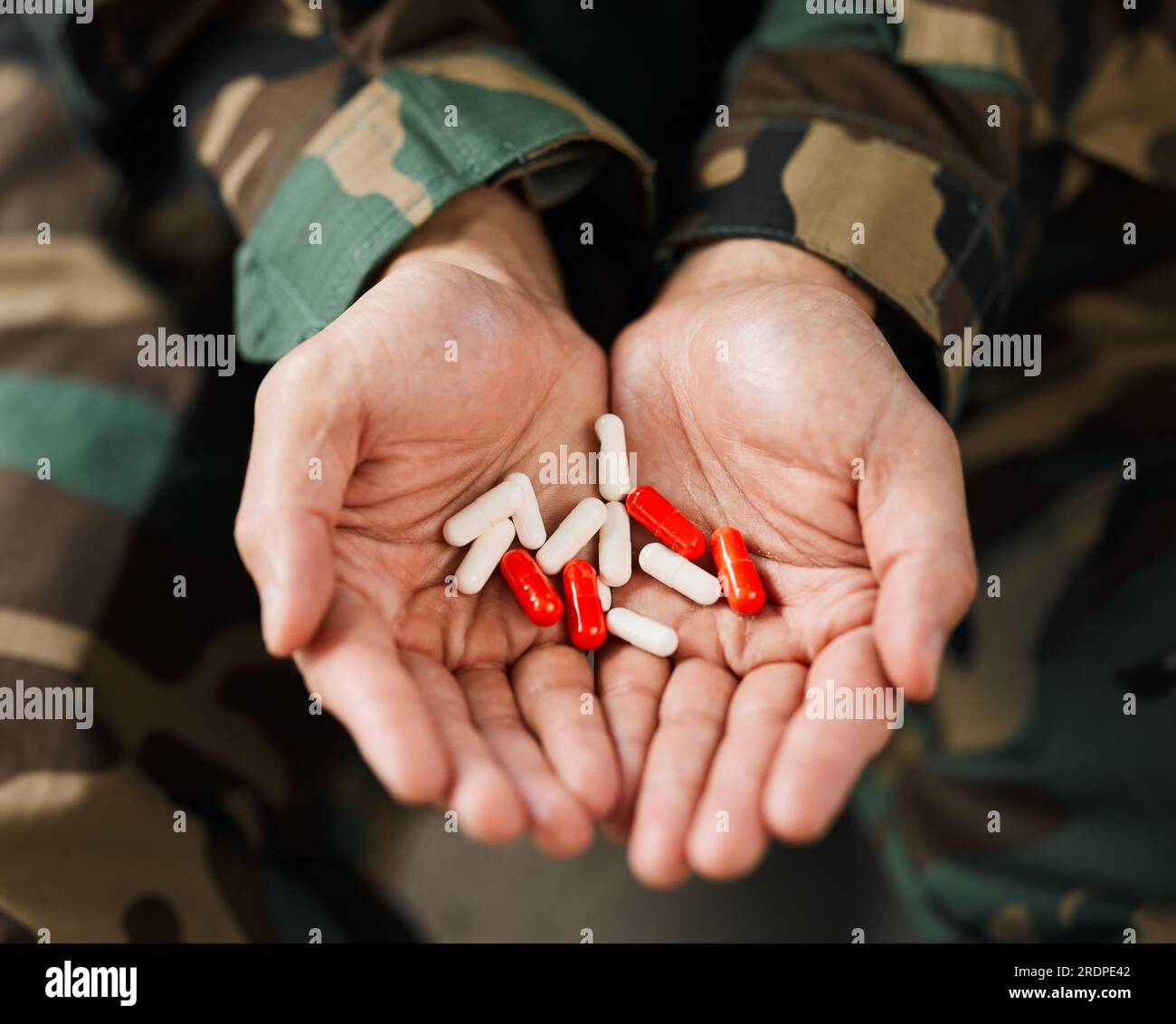Soldier, hands and drugs from psychologist in therapy or person healing ...
