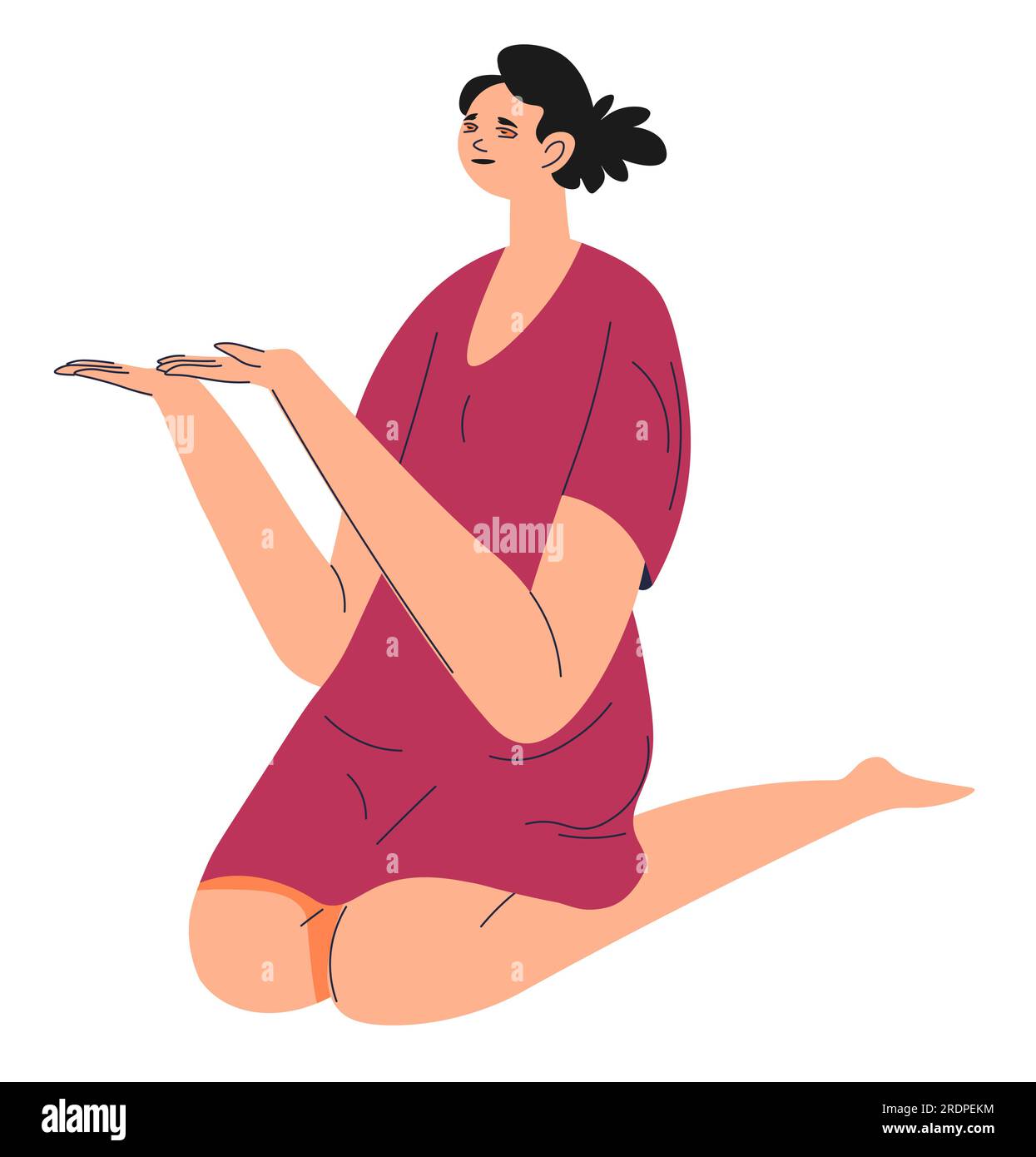 Poor female character sitting on knees begging for charity and money ...