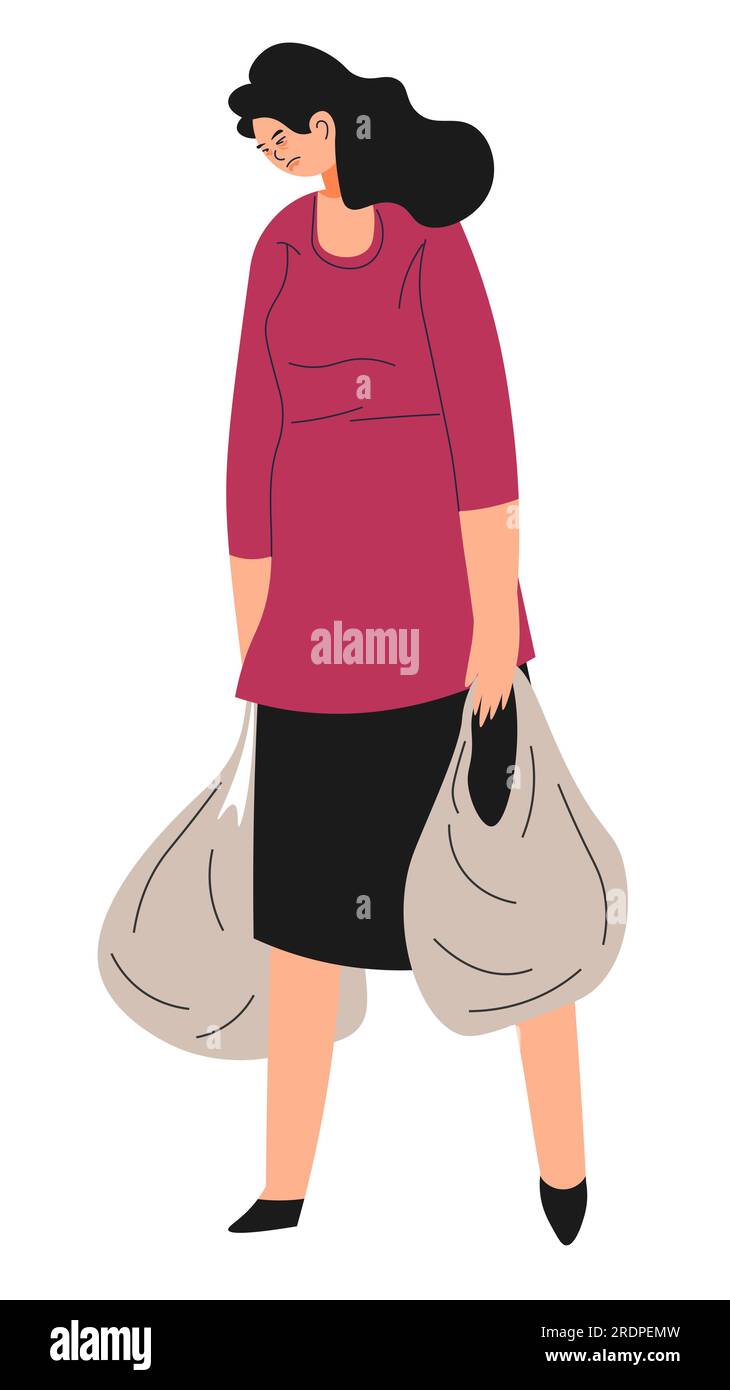 Sad female character carrying bags, isolated poor lady. Homeless person ...