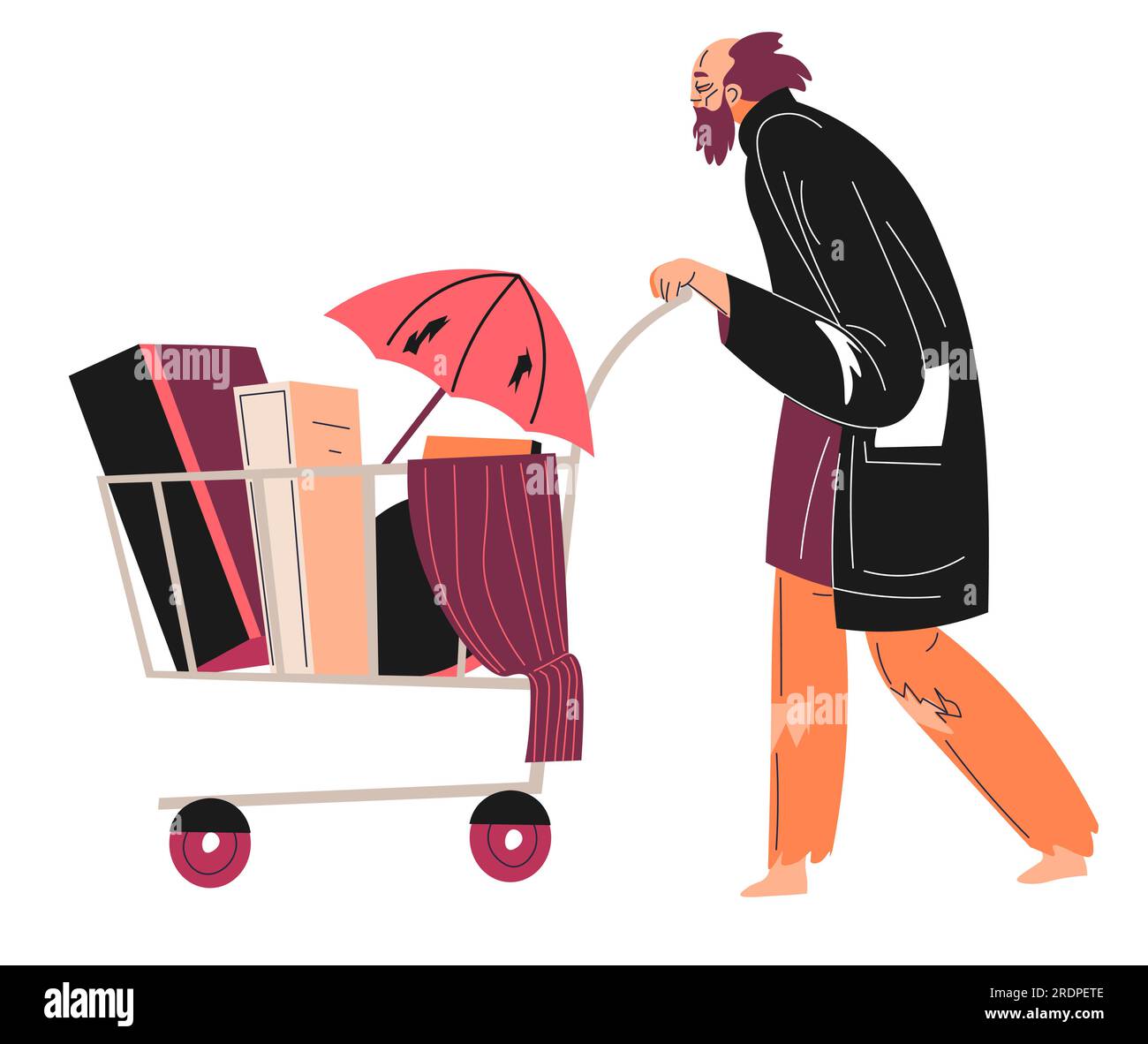 Poverty and homelessness, isolated male character pushing trolley with ...