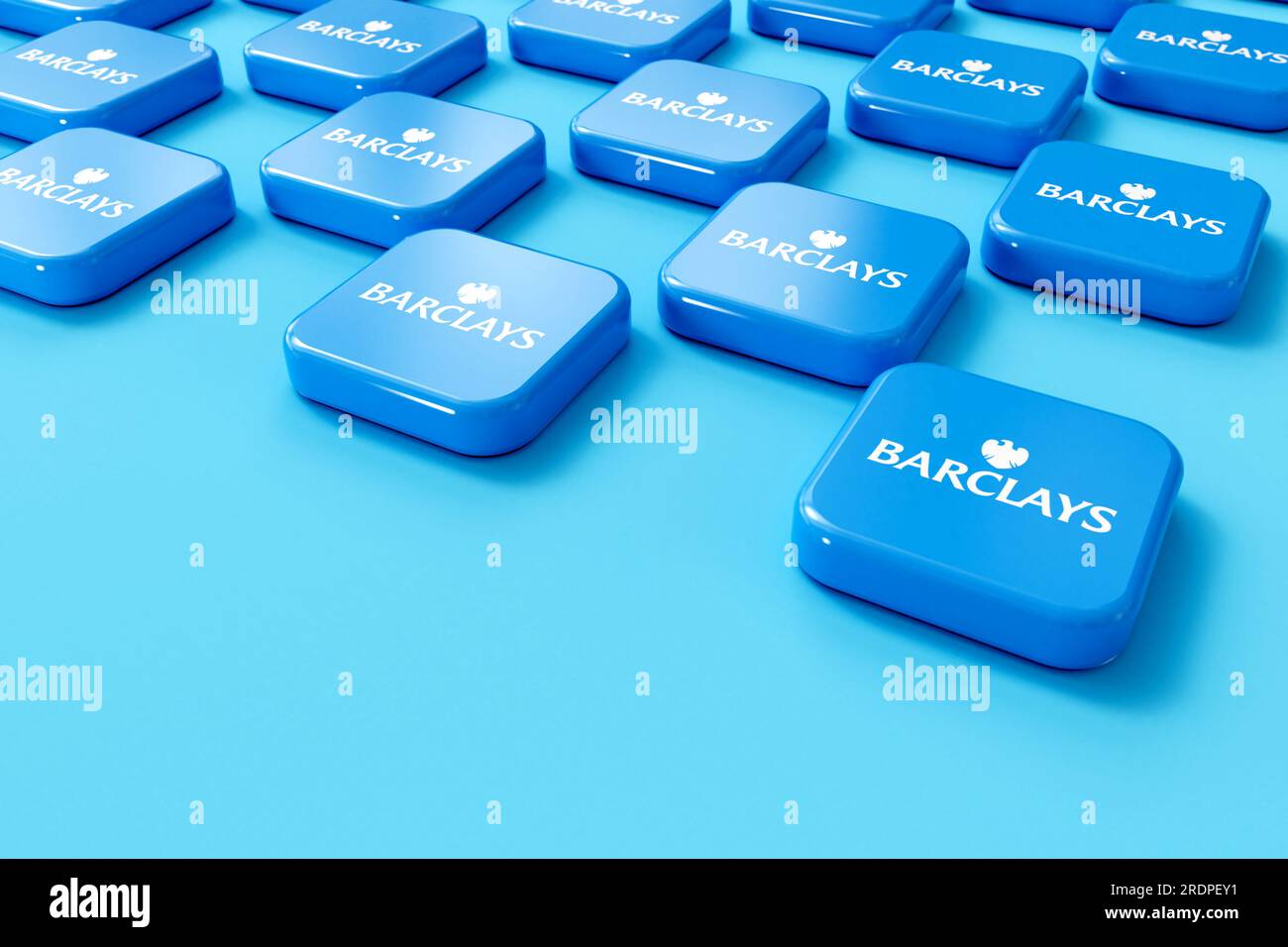 LONDON, UK - July 2023: Barclays bank blue and white company logo. 3D ...