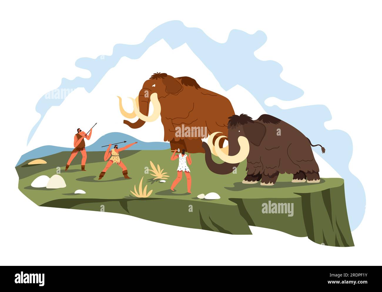 Caveman hunting on mammoth, group of people trying to kill mammal for ...