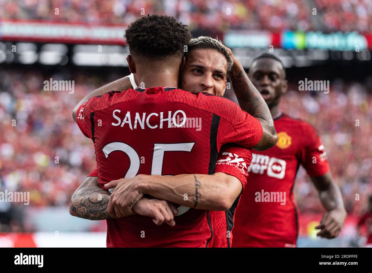 Jadon Sancho (25) and players of Manchester United celebrate scoring goal during friendly game ...