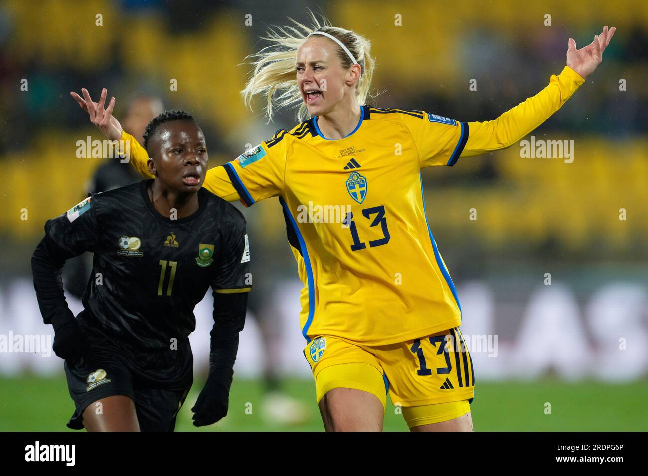 Sweden's Amanda Ilestedt reacts as South Africa's Thembi Kgatlana, left ...