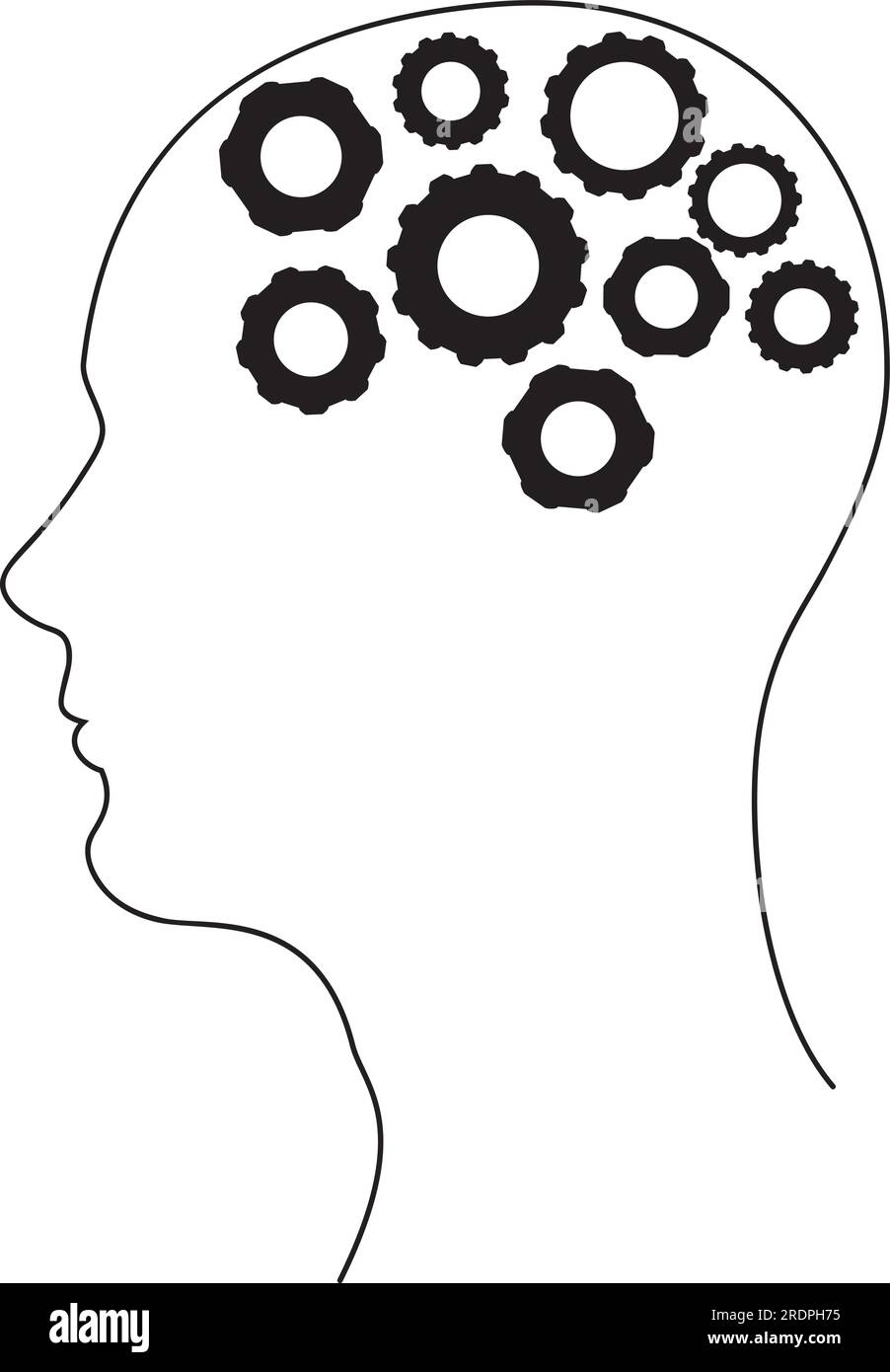 Human head with gears line art, concept of thinking process and brain ...