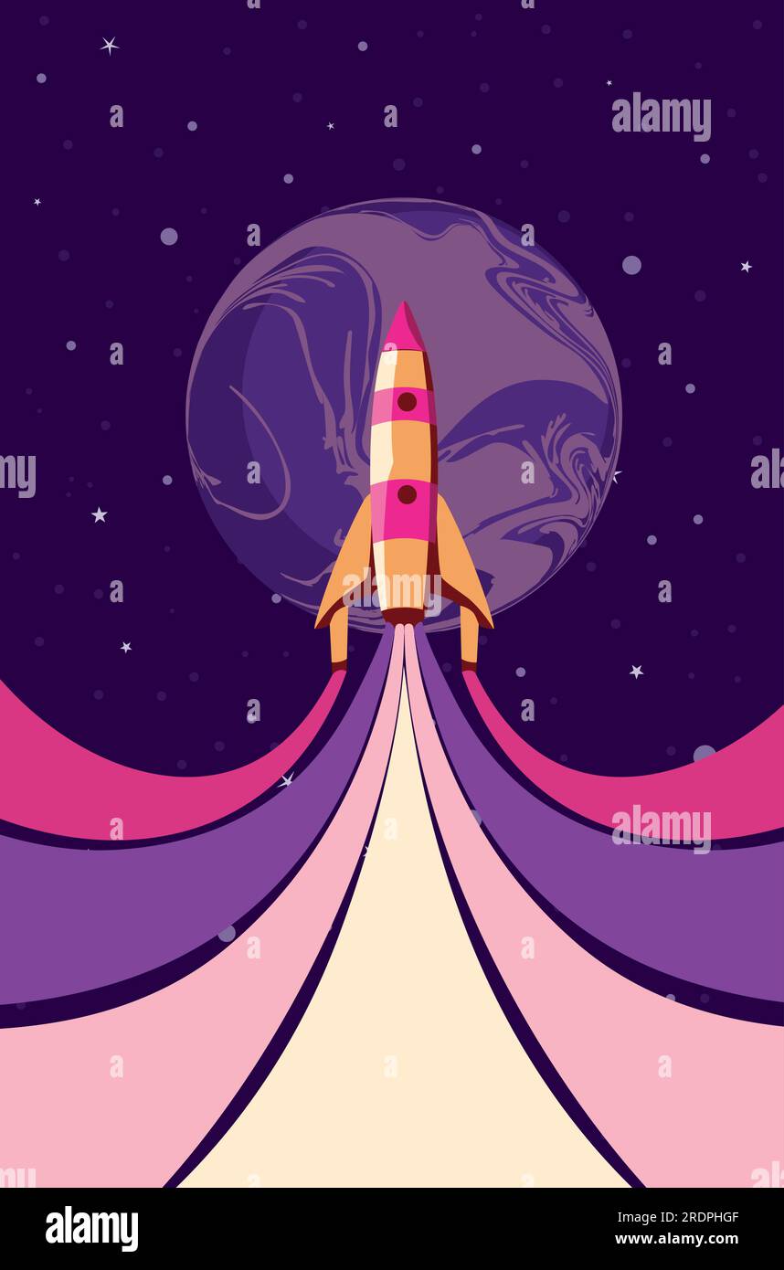 Abstract shuttle flying in the space, retro futuristic illustration ...