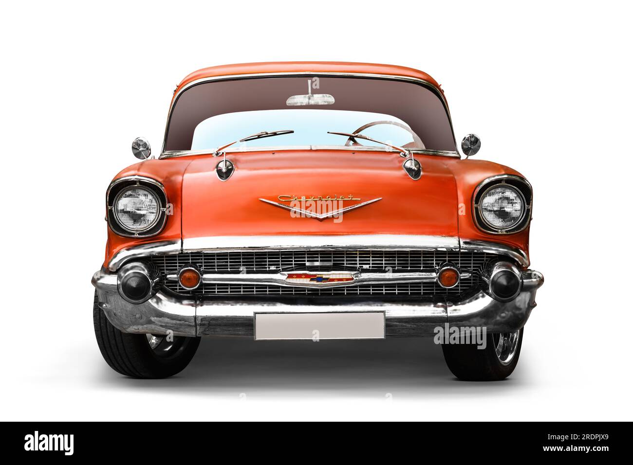 Izmir, Turkey - June 3, 2023: Front view of a orange 1957 Chevrolet ...