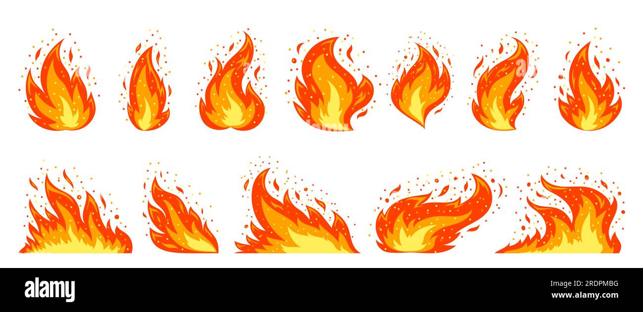 Fire flat icon set. Blaze danger warning symbol. Different shapes of ...
