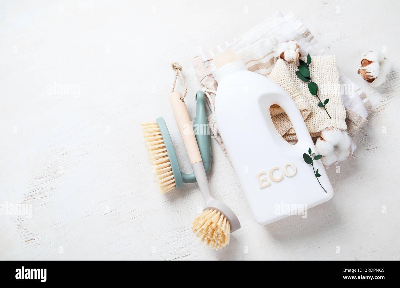 Eco brushes and rag on a white background. Eco cleaning products ...