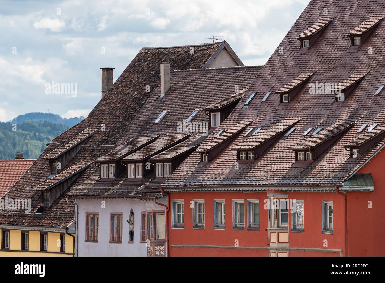 Rottweil, Germany. 22nd July, 2023. Roofs with dormers in the historic ...