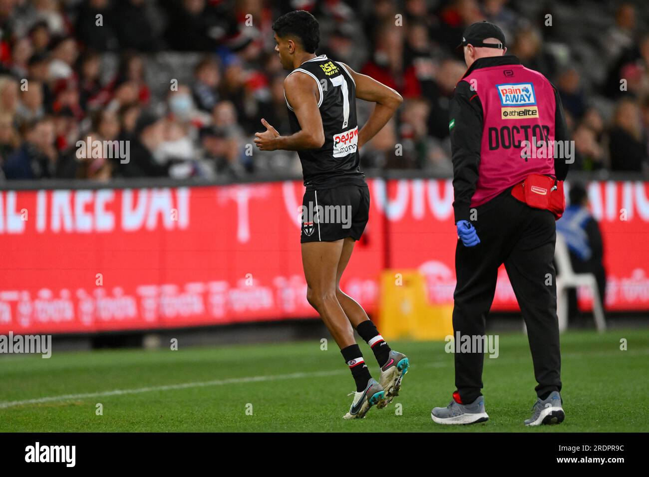 Nasiah Wanganeen-Milera of the Saints reacts to an injury during the AFL Round 19 match between ...