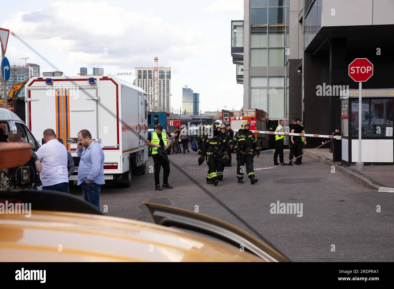 Moscow, Russia. 22nd July, 2023. Rescuers are seen outside a shopping ...