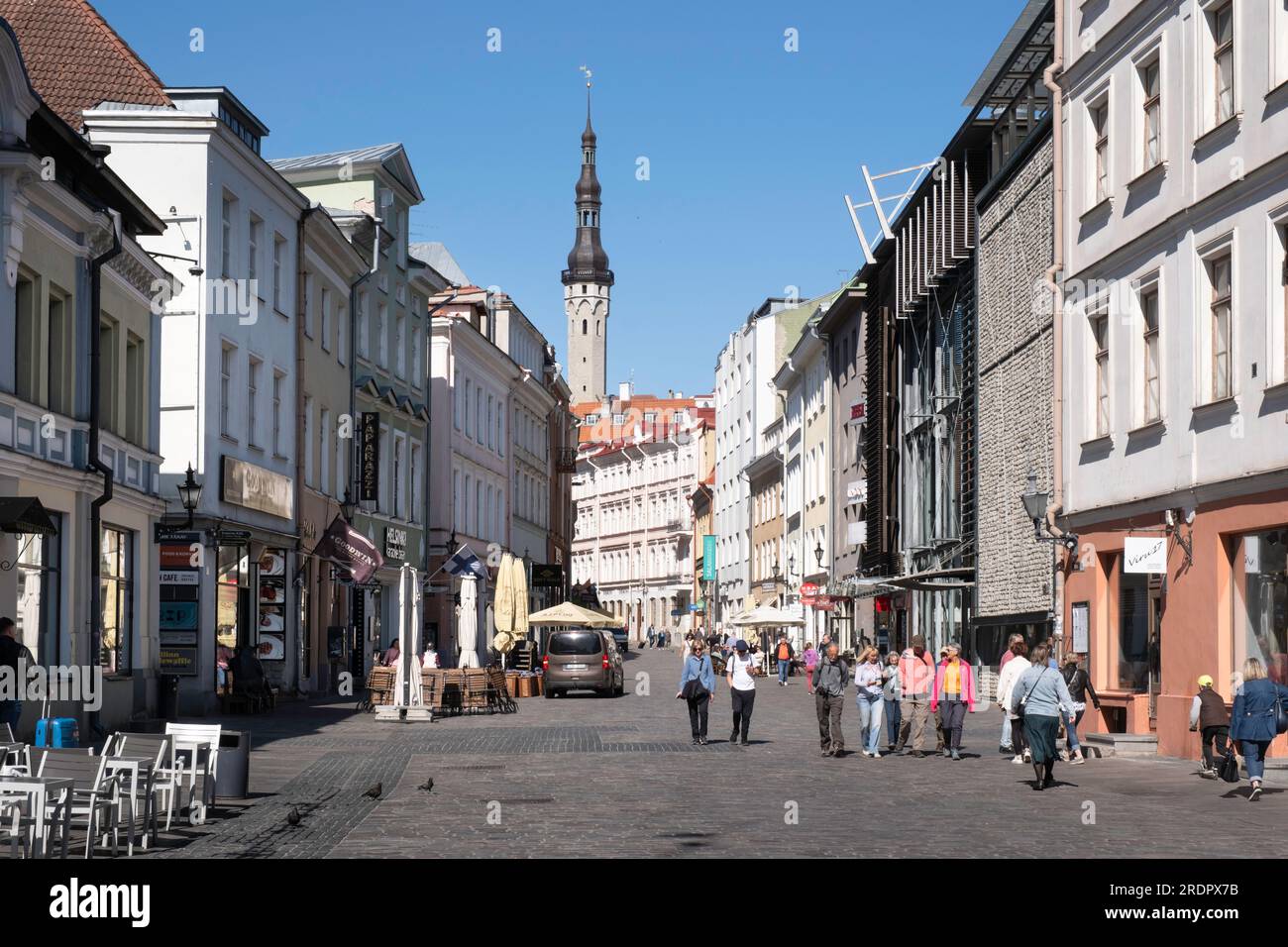 Viru Street with the lutheran medieval Holy Spirit Church tower in Old ...