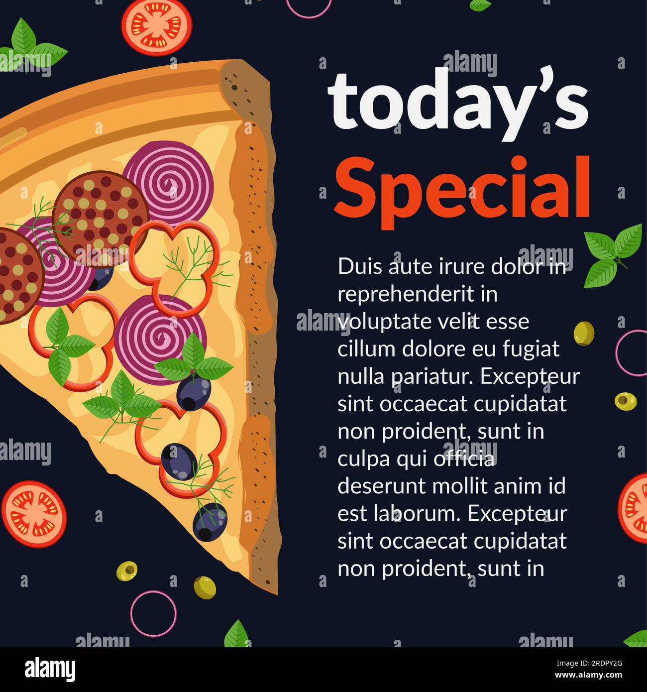 Pizzeria advertisement, menu with pizza and information text. Italian ...