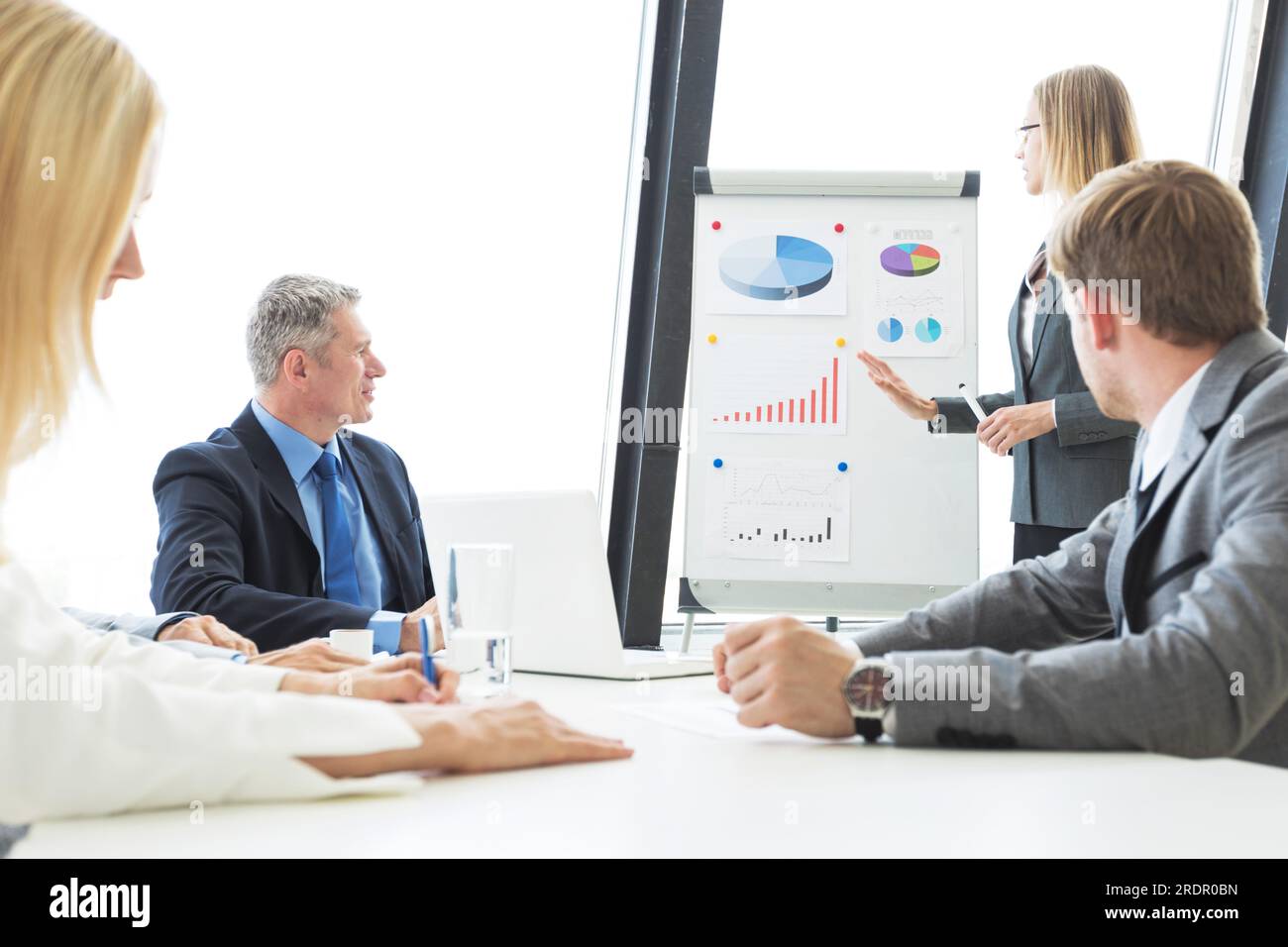Business presentation of statistics, business woman pointing at ...