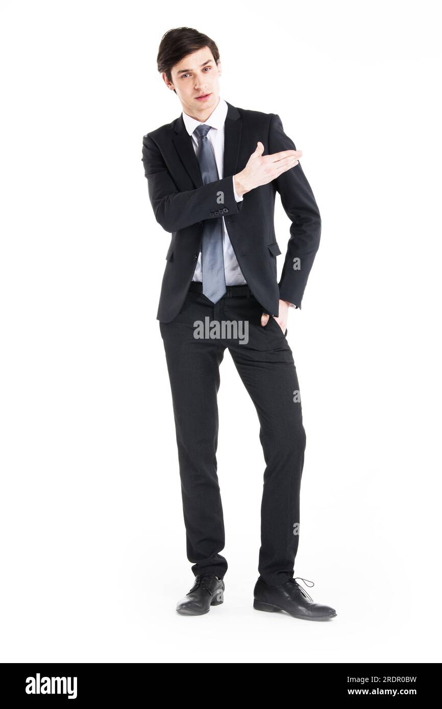 Business man shows you copy space isolated on white background Stock Photo - Alamy