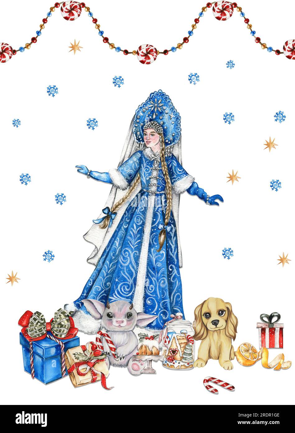 The Snow Maiden in a Christmas dress with baby animals. Watercolor ...