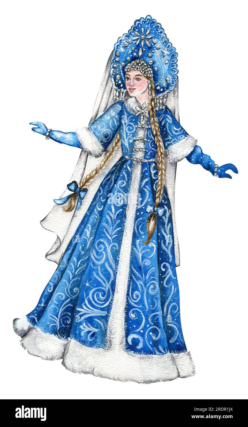 The Snow Maiden in a christmas dress. Watercolor illustration. Snow ...