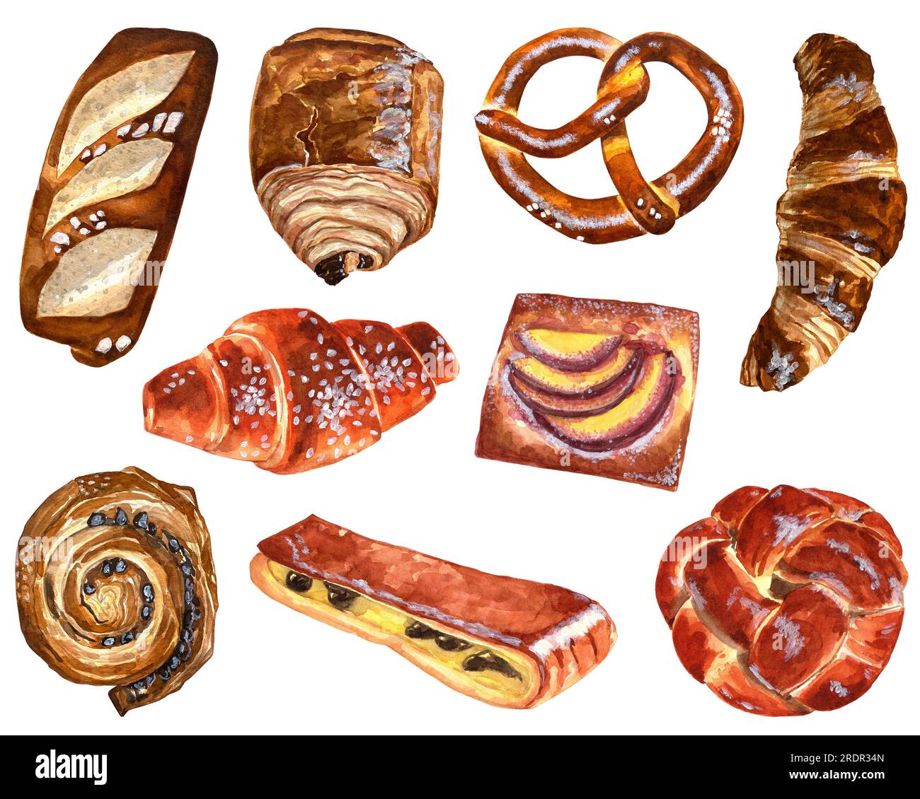 Watercolour cute bakery bread collection illustration set croissant ...