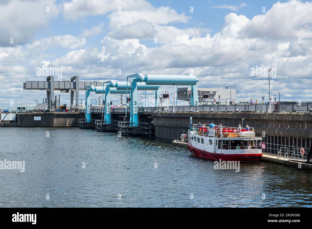 The Cardiff Bay barrage showing three bascule bridges to allow boats in ...