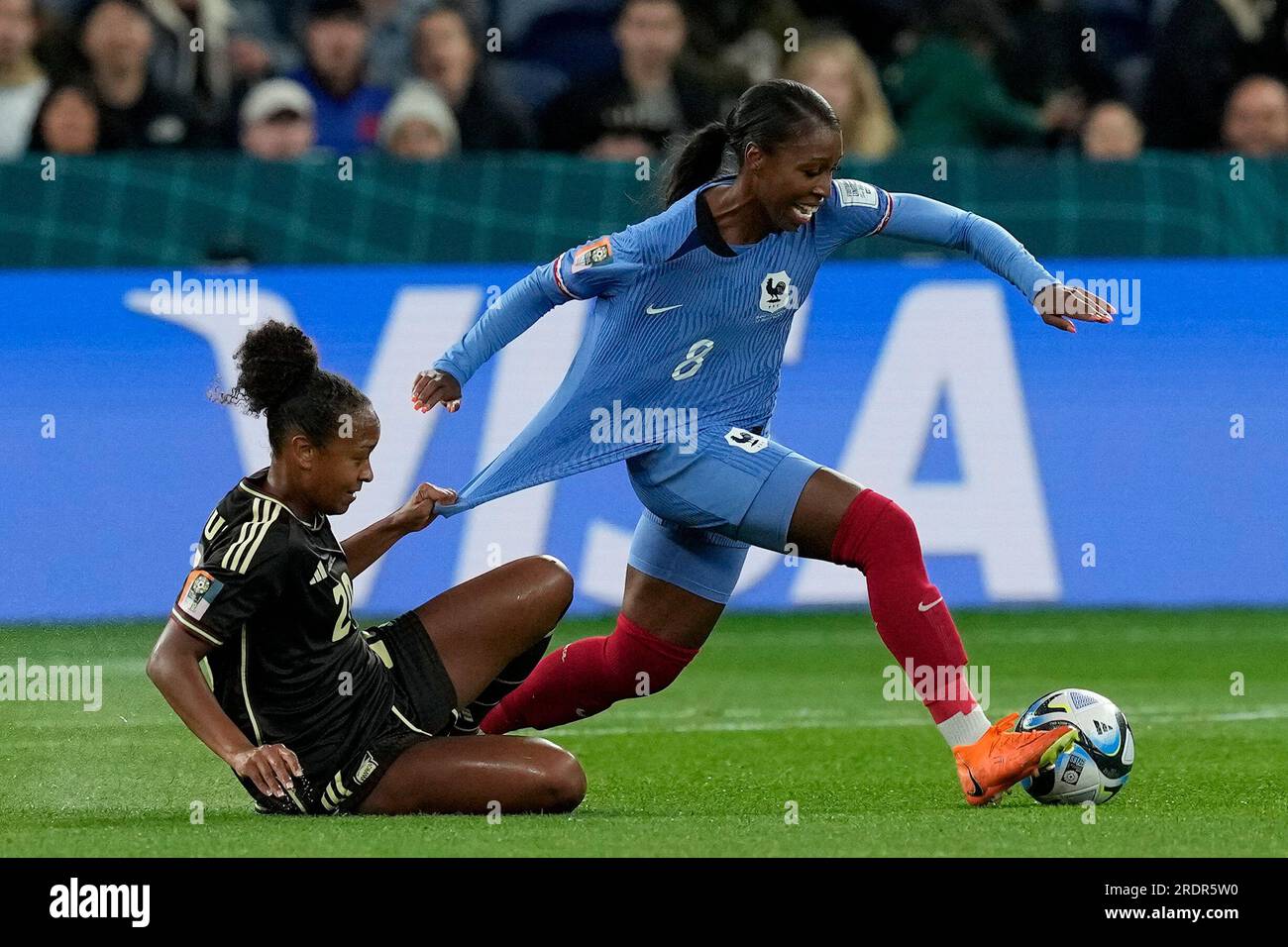 France's Grace Geyoro has her shirt pulled back by Jamaica's Atlanta ...