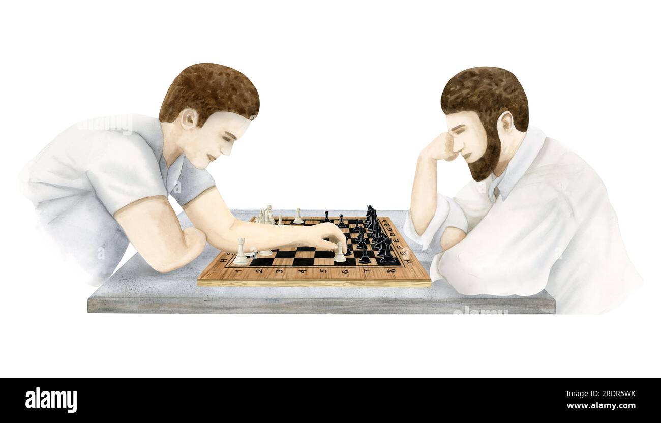 Chess players sitting at the table playing chess, making move and ...