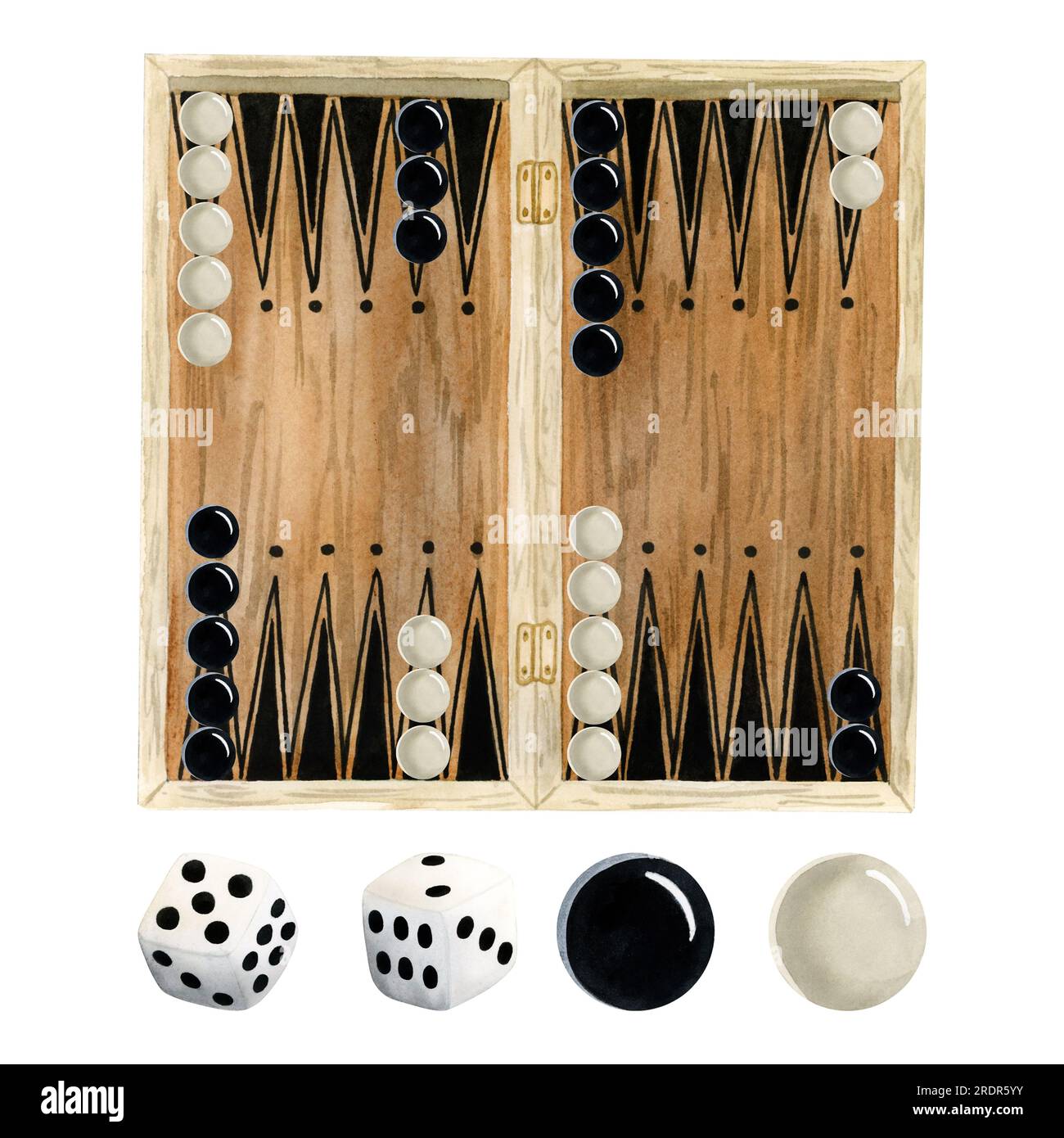 Watercolor wooden backgammon board with dices and black white chips ...