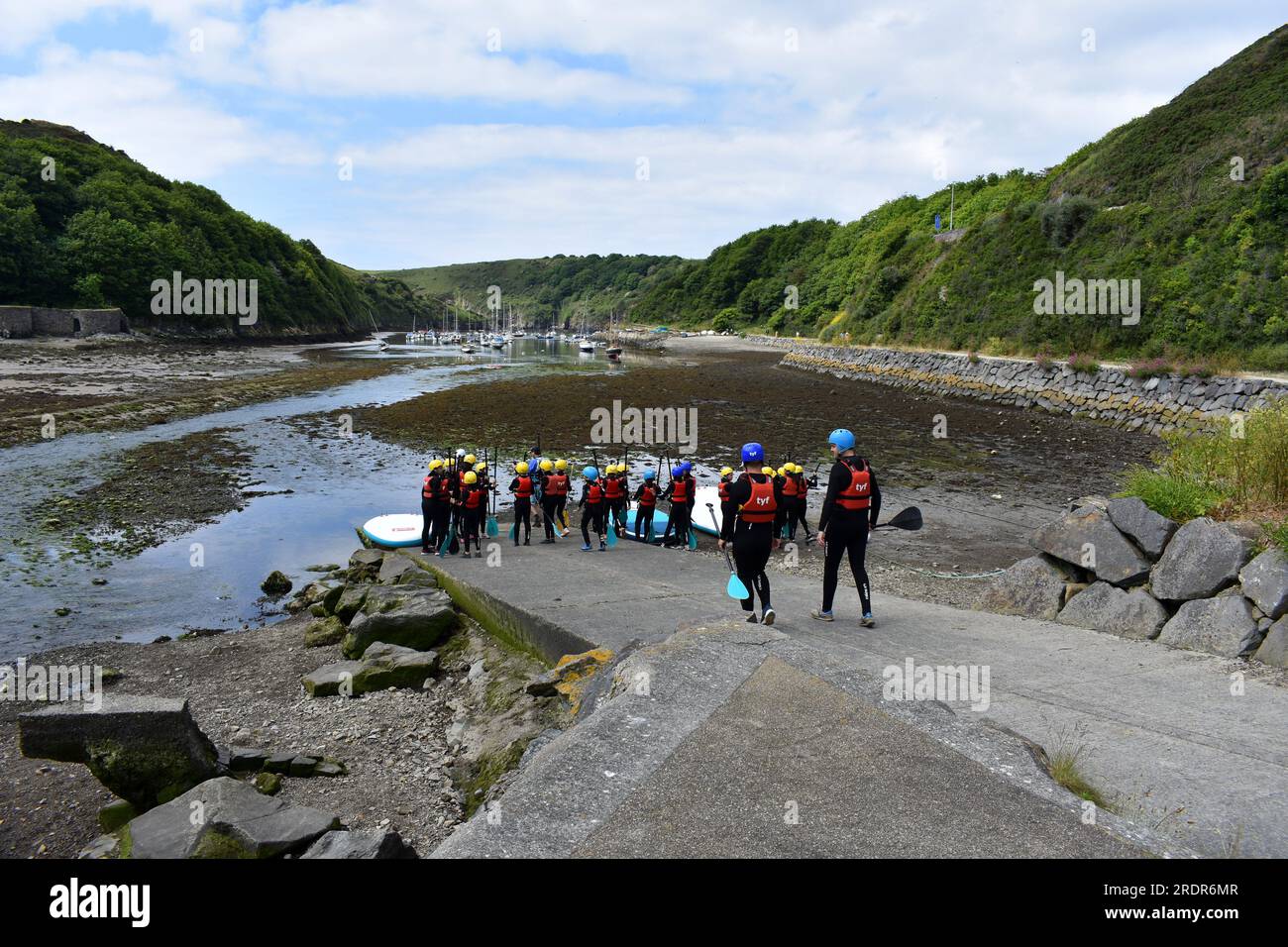 Group of schoolchildren preparing to go paddleboarding, Solva harbour ...