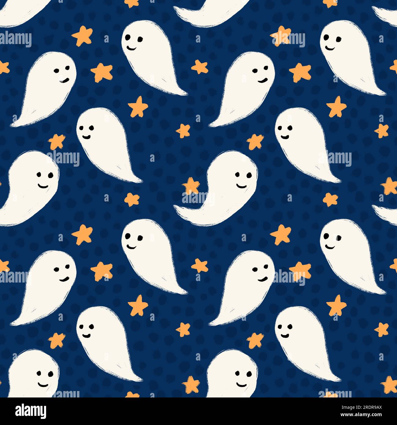 Hand drawn seamless pattern with white cute ghosts yellow stars on dark ...