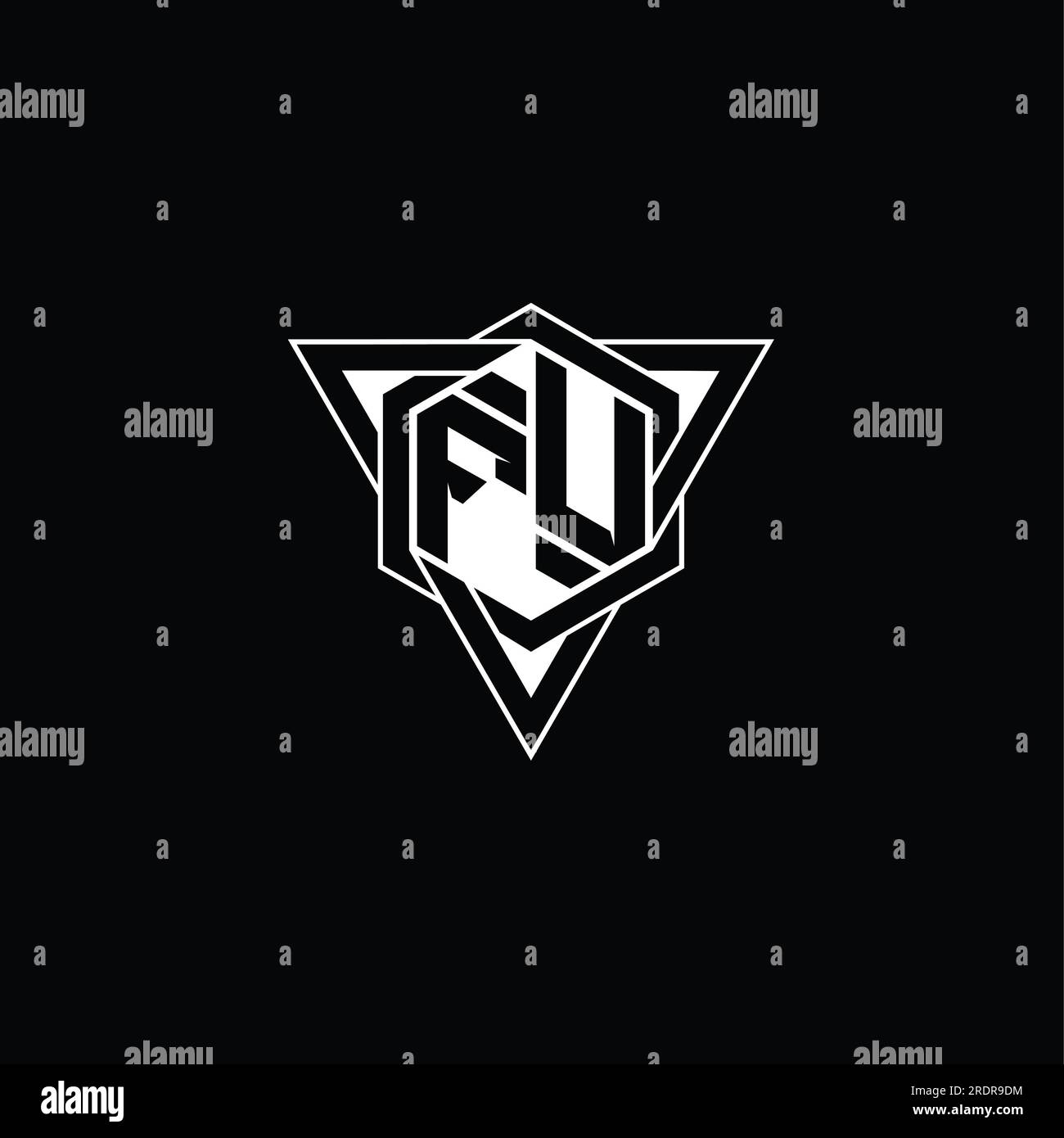 FU Letter Logo monogram hexagon shape with triangle geometric outline sharp modern style design ...